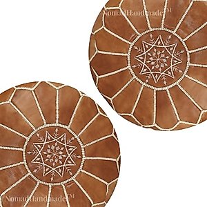 Set of 2 Moroccan leather handmade pouf, ottoman poof for living room boho extra seat round chair footrest stool furniture and home decor, cognac color White Stitching Unstuffed