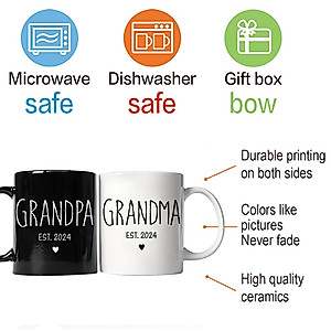 FALJIOK 2Pcs Grandparent Coffee Mugs 11oz Est 2024 Set, 2024 Best Congratulatory Gifts for Grandparent Mom Dad, Christmas Birthday Thanksgiving Gifts for Grandma Grandpa Black & White