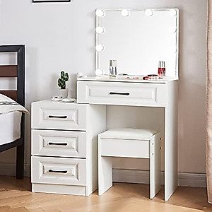 Buildonely Vanity Set with Dimmable LED Light Bulbs and 4 Large Capacity Drawers, Vanity Desk with Mirror and Lights for Makeup, Hair, and Skin Care, Vanity Table for Dressing Room and Bedroom