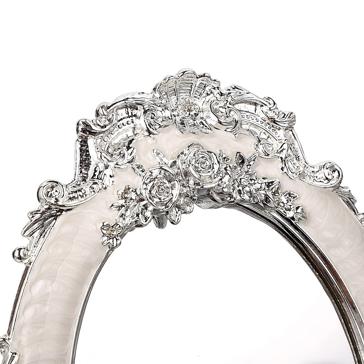 JUXYES Small Tabletop Dressing Mirror Vintage Metal Desktop Mirror with Stand, Antique Embossed Roses Countertop Makeup Mirror Retro Oval Cosmetic Decorative Mirrors for Table Centerpieces