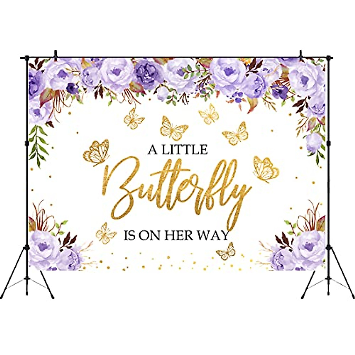 Aperturee A Little Butterfly is On The Way Baby Shower Backdrop 7x5ft Purple Floral Gold Dots Girls Princess Photography Background Party Decoration Supplies Cake Table Banner Photo Booth Props