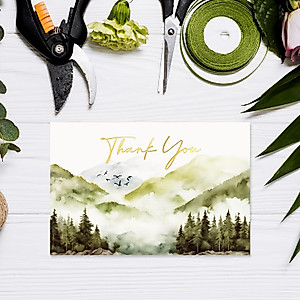 Whaline 48 Pack Watercolor Forest Thank You Card with Envelope Sticker Gold Foil Green Mountains Lake Bird Greeting Cards Blank Note Cards for Baby Shower Birthday Wedding, 4 x 6 Inch