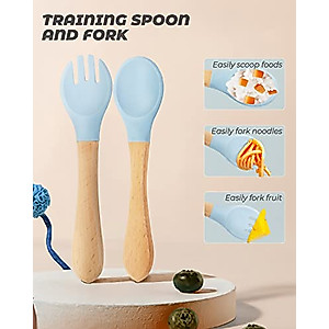 10 Pieces Bamboo Baby Spoons & Baby Forks Set, Chewable Baby Utensils for Self-Feeding, Bamboo and Silicone Baby Utensils, Kids Utensils for Over 6 Months Babies