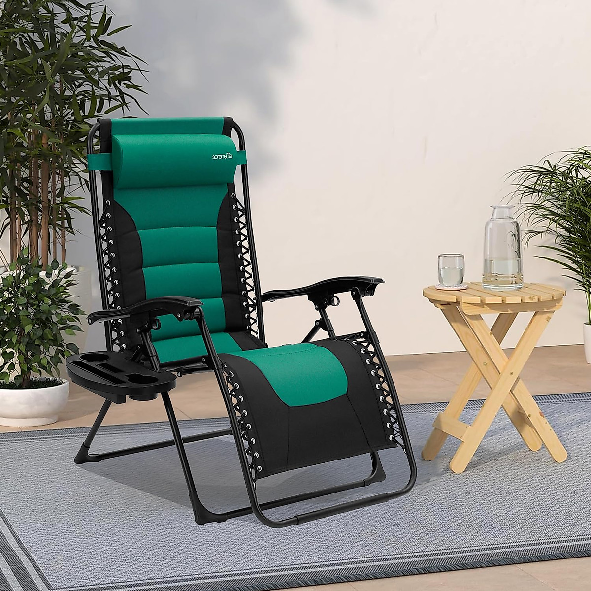 SereneLife Padded Zero Gravity Lounge Chair - Reclining Patio Chairs - Outdoor Lounge Chairs with Detachable Cup Holder Tray - Folding Recliner Chair with Removable Pillows - 1, Green and Black