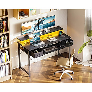 ODK Gaming Desk with Led Lights and Power Outlet, 48 Inch Computer Desk with Drawers and Keyboard Tray, PC Desk with Monitor Stand, Work Desk for Home Office, Black