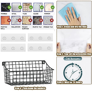 4 Pack Hanging Wall Basket for Organizing, Large Wire Baskets for Storage Pantry with 5 S Hooks+4 Strong Adhesive Wall Hooks, Wall Mounted Metal Wire Storage Baskets Shelf for Cabinet Kitchen Bathroom