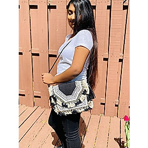 AMRANIS Boho Handcrafted Jute Coin Bag, Banjara bags, Designer Bohemian Bags, Shell Jute Bags Clutch, With Free Christmas Bag, Black4