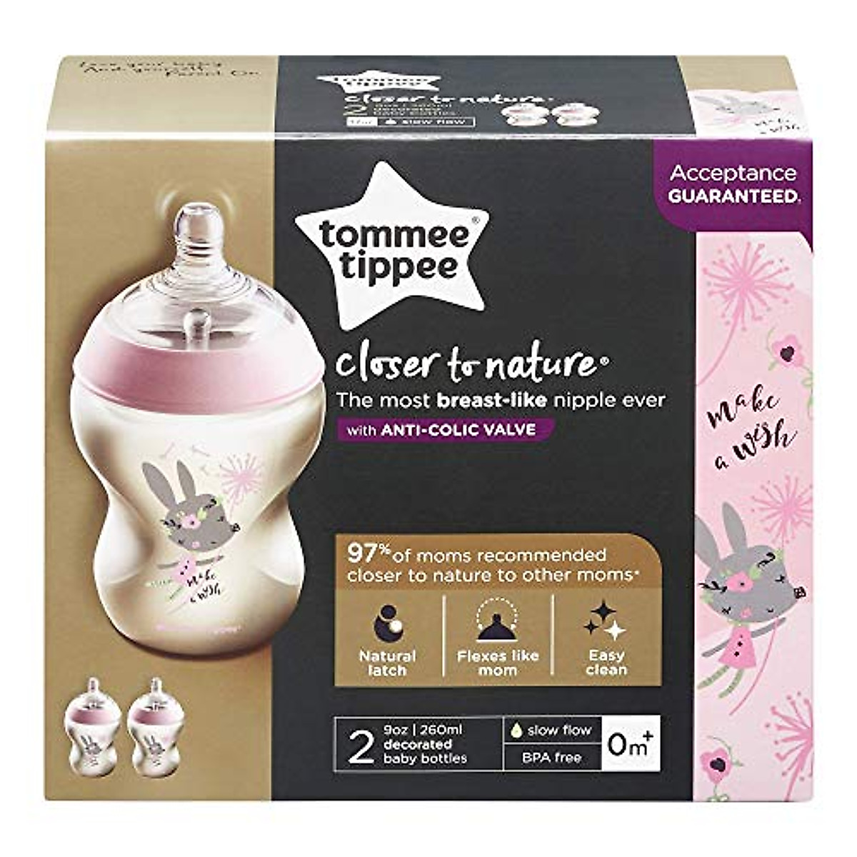 Tommee Tippee Closer to Nature Baby Bottles, Pink | Slow Flow Breast-Like Nipple with Anti-Colic Valve (9oz, 2 Count)
