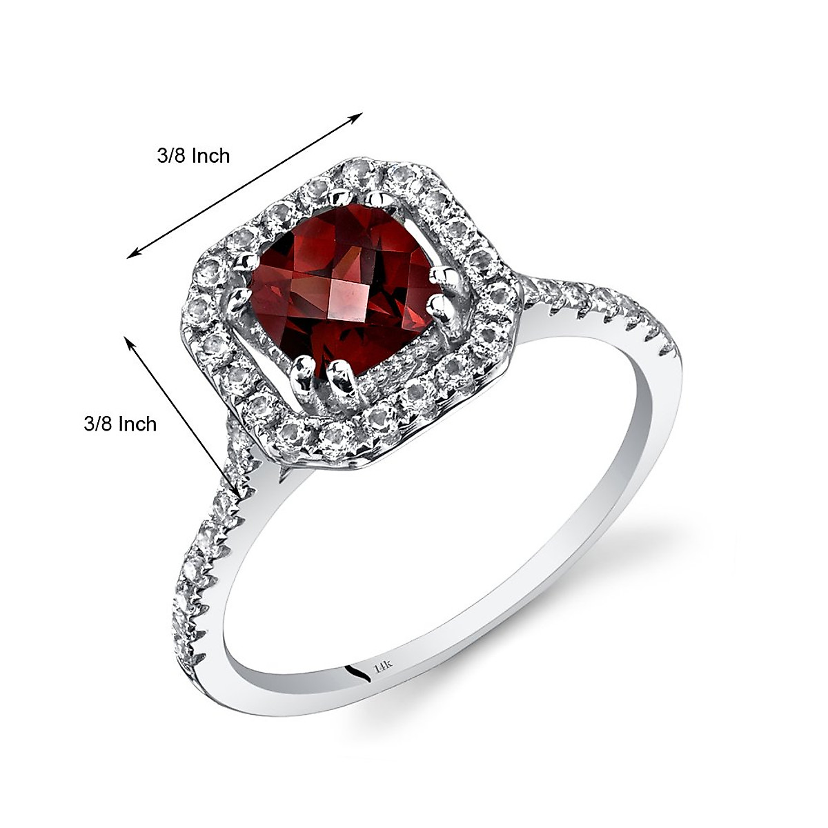 PEORA Garnet Ring for Women 14K White Gold with White Topaz, Genuine Gemstone Birthstone, 1.38 Carats total Cushion Cut 6mm, Halo Design, Size 5