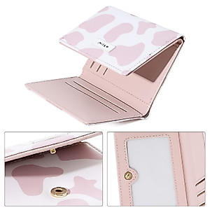 Girls Cute Cow Print Tri-folded Key Case Wallet PU Leather Cartoon Small Wallet Cash Pocket Card Holder ID Window Purse Coin Purse Money Small Short Wallet (pink)