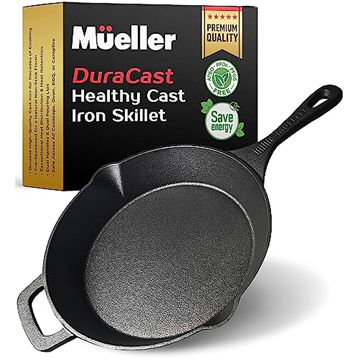 Mueller Pre-Seasoned Heavy-Duty Healthy Cast Iron Skillet 10-inch, Cast Iron Pan, Dual Handles & Dual Pouring Lips, Safe across All Cooktops, Oven, BBQ, or Campfire