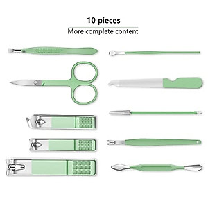 Manicure Set, Travel Nail Clippers Kit Pedicure Care Tools, 10pcs Stainless Steel Grooming kit (Green)