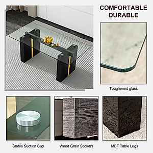 71" Large Glass Dining Table Set for 6, Modern Dining Table with 6 Leather Chairs, 0.32" Tempered Glass Tabletop and MDF Leg,for Kitchen Dining Living Meeting Room (Black Table + 4 White Chairs)