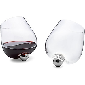 Aura Glass 14oz Stemless Aerating Wine Glasses (Set of 2) - No Spill Glass Tumblers for Red or White Wines that spin on a stainless steel ball, Coasters sold separately, Made in USA