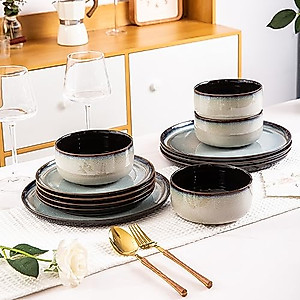 LeRATIO Ceramic Dinnerware Set of 4, Poreclain Plates, Bowls, Handmade Reactive Glaze Dishes, Chip Resistant, Oven & Dishwasher Safe, Service for 4-Gray White