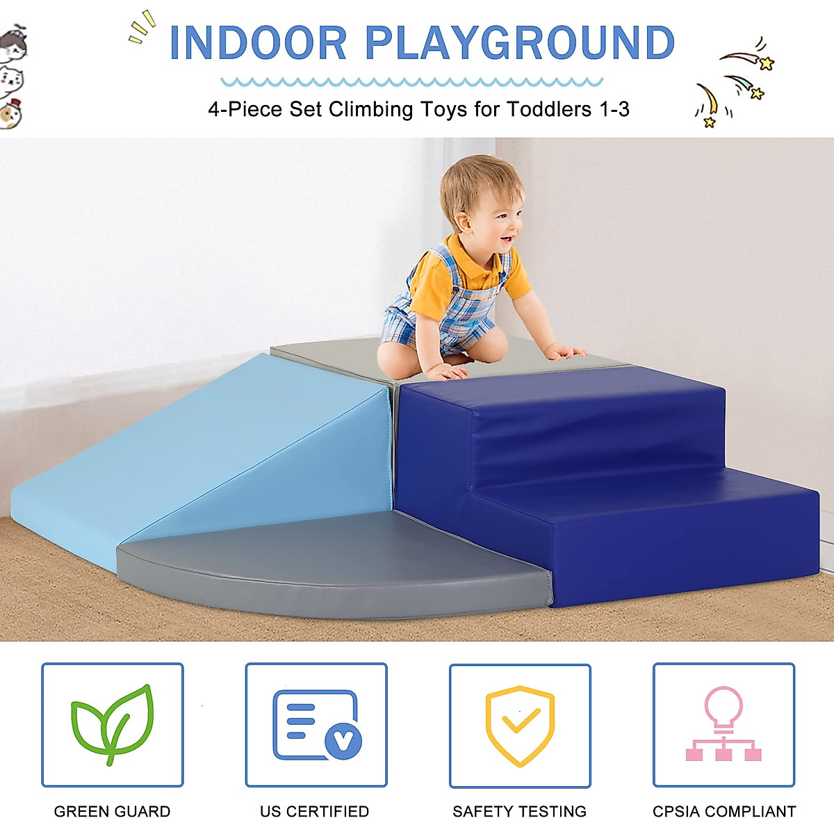 Climbing Toys for Toddlers 1-3, Indoor Corner Climber Soft Play Equipment, Colorful Climb and Crawl Activity Playset, Motor Skills Early Development Foam Blocks for Toddlers and Kids, Blue
