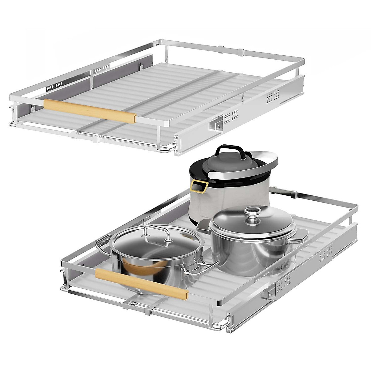 Pull Out Cabinet Drawer Organizer Expendable Slide Out Pantry Storage Shelves Heavy Duty Stainless Steel Shelf Rack for Kitchen Base Cabinet Pantry Closet Under Sink Divider Organization,2Packs