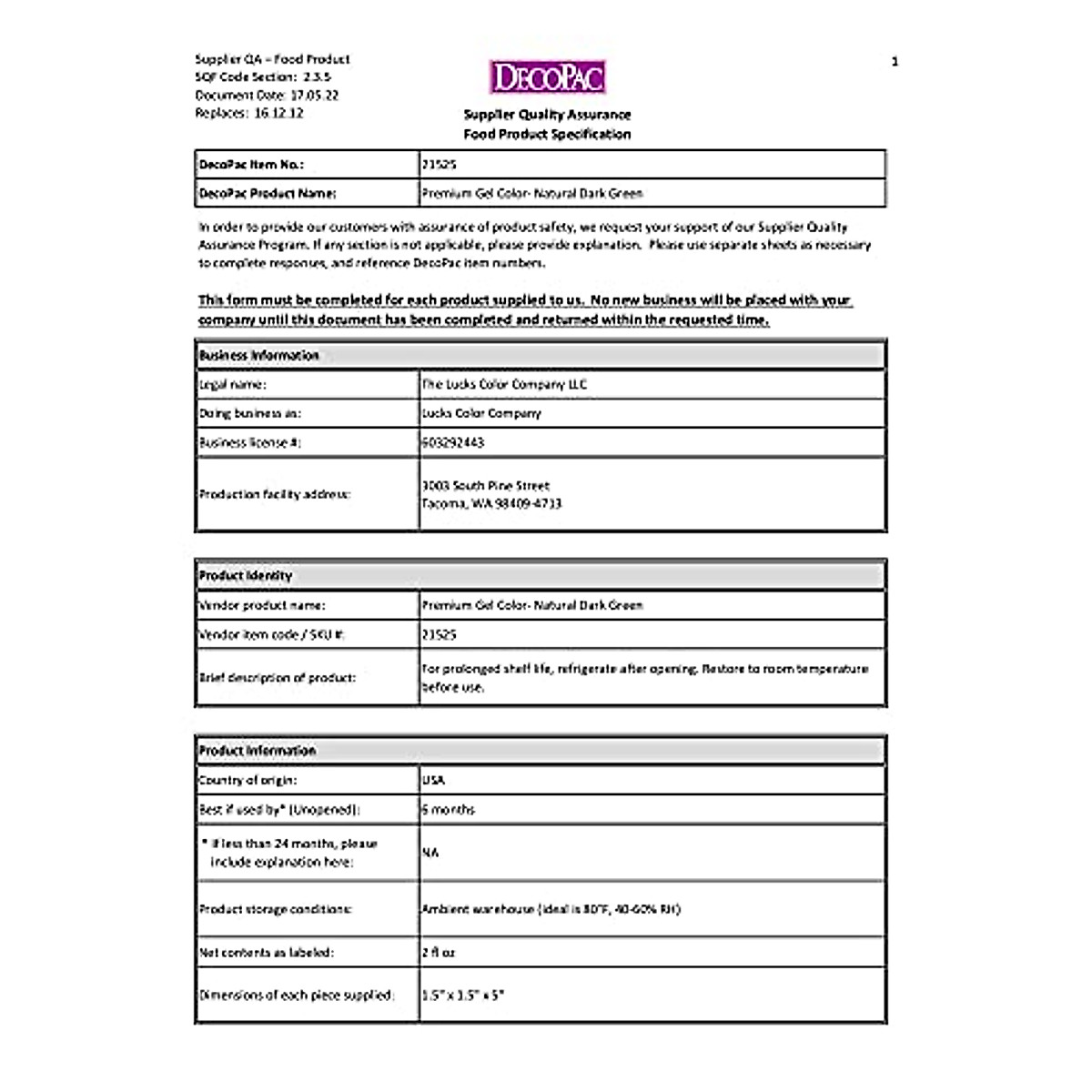 DecoPac Green All-Natural Premium Gel Color 2oz