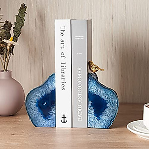 Yougoals Blue Agate Bookends for Shelves, Geode Crystal Book Ends for Heavy Books, Stone Decor with Rubber Bumpers 1 Pair 3-3.8LBS Home Decorative Unique