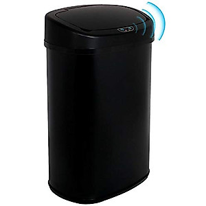13 Gallon Touch Free Automatic Stainless Steel Trash Can Garbage Can Metal Trash Bin with Lid for Kitchen Living Room Office Bathroom, Electronic Touchless Motion Sensor Automatic Trash Can Black