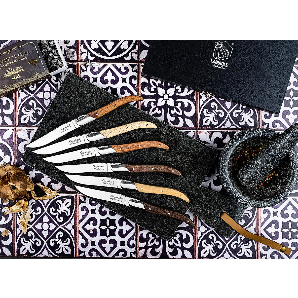 Laguiole Style de Vie Steak Knives, Luxury Line, 6 pieces, Mixed Wood, in giftbox