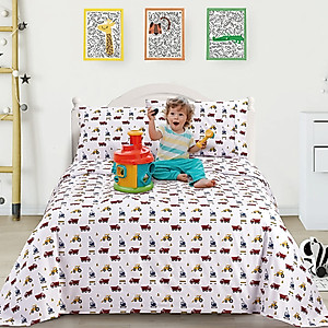 Viviland Kids Twin Sheet Set - Twin Size Printed Boys Bed Sheets - Kids Boys Toddlers Breathable Fitted Bed Sheet Twin - Excavator Toys Theme
