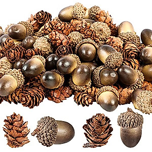 Syhood 200 Pieces Thanksgiving Natural Mini Pine Cone Artificial Acorn Pine Cone Ornament Simulation Lifelike Small Acorn with Natural Cap Fake Craft Acorn Prop for Vase Filler Autumn Winter Home