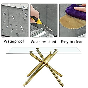 63 Inch Glass Dining Table,4-6 Person Home Dining Table Large Size Kitchen and Dining Room Table with Tempered Glass top and Gold Metal Legs, Modern Rectangular Dining Table (Gold Legs