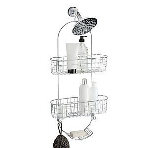 mDesign Steel Metal Curved Bathroom/Shower Caddy, Hanging Storage Organizer for Shampoo and Conditioner Bottles - 2-Tier Rack with Baskets - Holder for Soap, Body Wash, Concerto Collection, Chrome