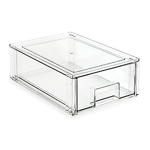 Isaac Jacobs Medium Stackable Organizer Drawer (12.5” x 8.3” x 4.1”), Clear Plastic Storage Box, Pull-Out Bin, Home, Office, Closet & Shoe Organization, BPA-Free, Food / Fridge / Freezer Safe (Medium)