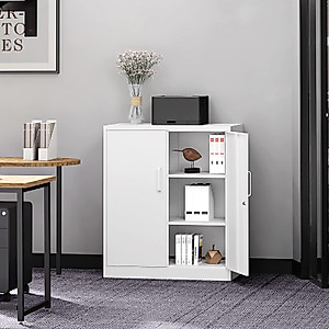 Yizosh Metal Garage Storage Cabinet with 2 Doors and 2 Adjustable Shelves - 35.5" Steel Lockable File Cabinet,Locking Counter Cabinet for Home Office,Garage,Gym,School (White)