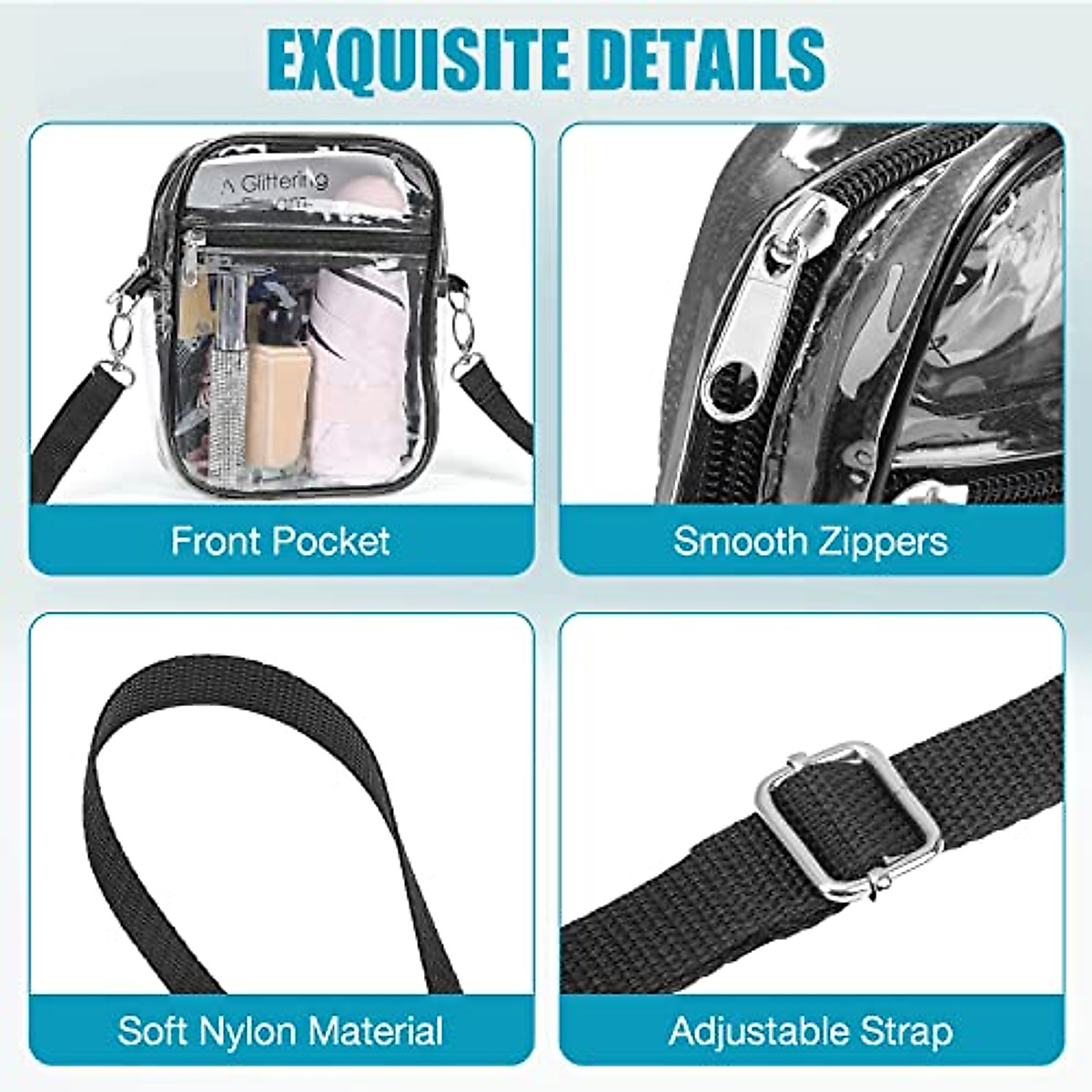 4 Pieces Clear Bag Stadium Approved Crossbody Bags Transparent Cross Body Bag Travel Clear Shoulder Bag Waterproof Stadium Bag PVC Crossbody Purse Bag for Women Men Business Concerts Festivals Supply