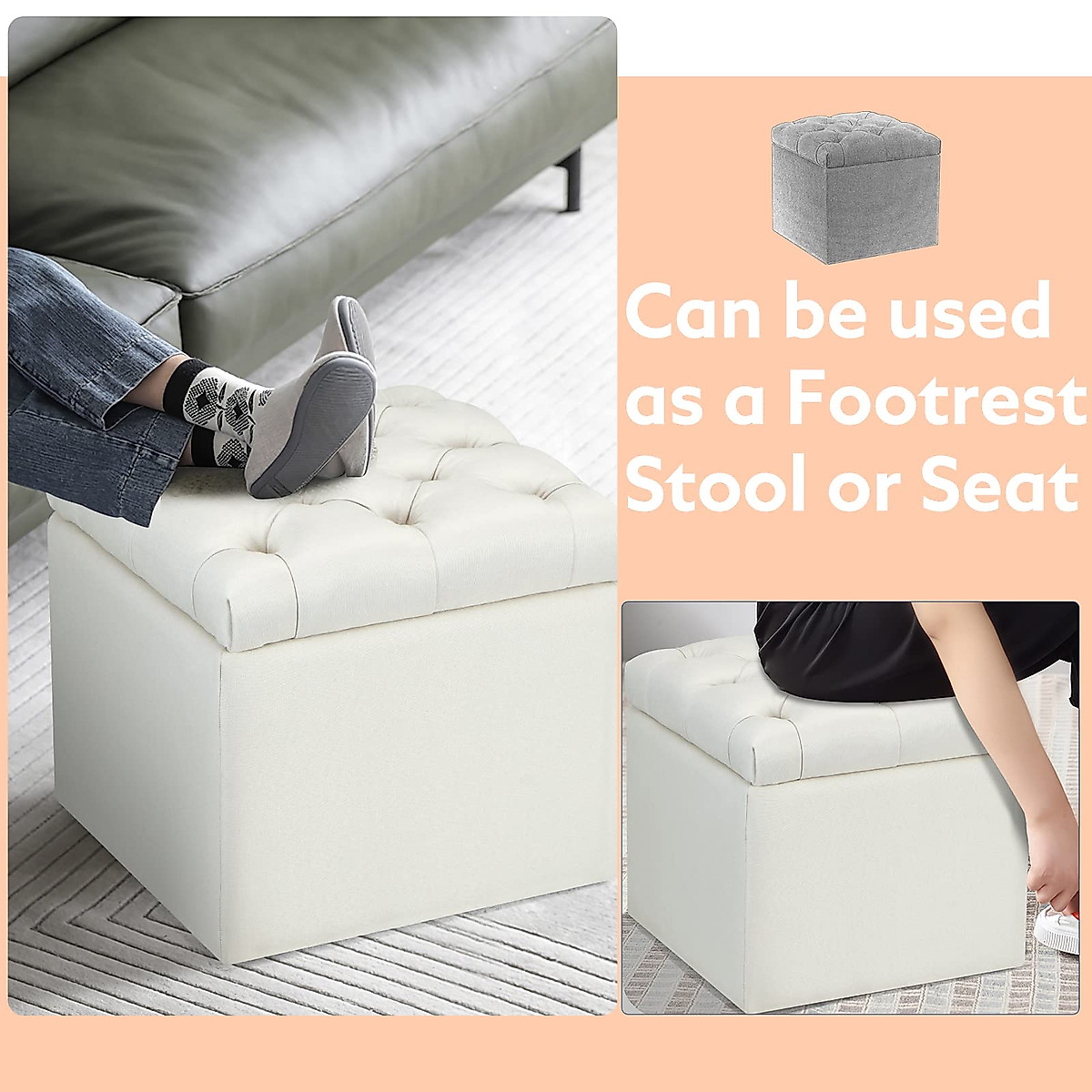 JOMEED 17 Inches Storage Ottoman Cube Set of 2, Linen Fabric Ottoman with Storage for Bedroom, Living Room, Dorm, Button Tufted, No Assembly Required(Beige-2)