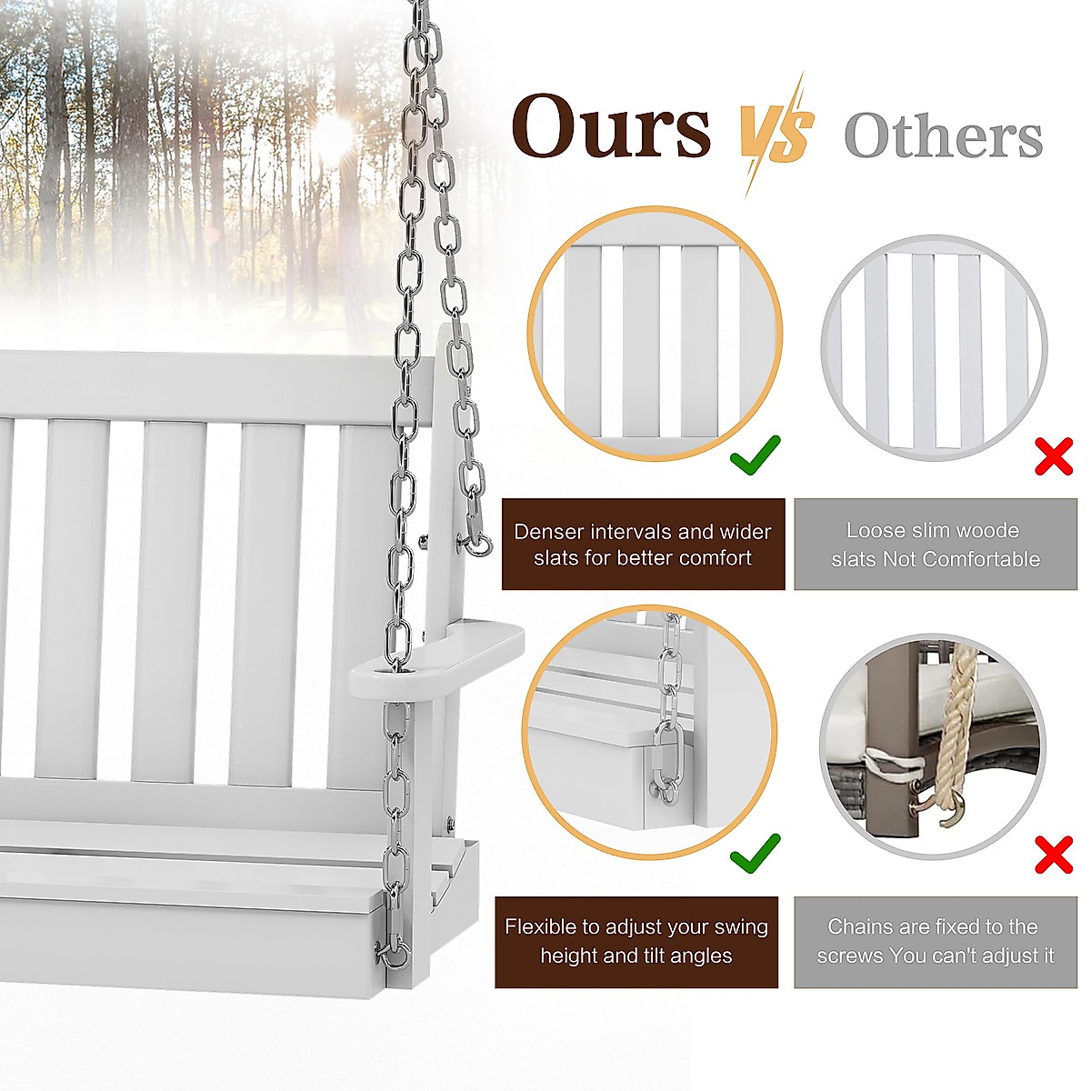 JAMFLY Wooden Porch Swing Outdoor, Bench Swing with Hanging Chains for Outdoor Patio Garden Courtyard Backyard, White