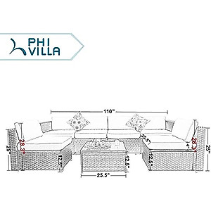 PHI VILLA 7-Piece Outdoor Rattan Sectional Sofa All Weather Patio Wicker Furniture Set Lawn Conversation Sets Cushioned Garden Sofa Set (Blue)
