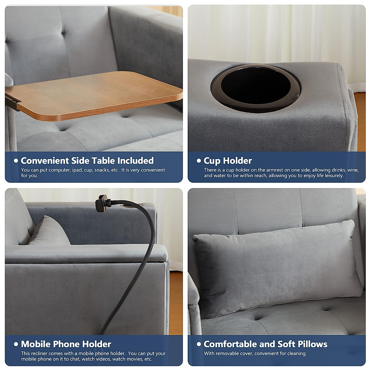 weselon Velvet Convertible Chair Bed, 3 in 1 Multi-Functional Lounge Chair Sleeper, Pull Out Couch Guest Bed with Hidden Table and Adjustable Backrest for Living Room Small Space Apartment (Gray)