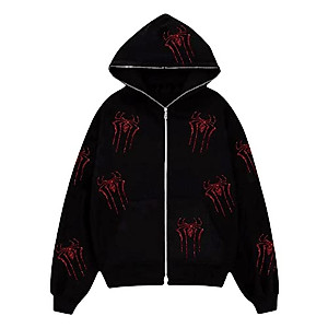 Cbsdezanos Y2k Zip Up Hoodie for Women Rhinestones Skull Skeleton Hoodies Long Sleeve Hooded Sweatshirt Gothic Harajuku Streetwear (Black Red Spider, S)