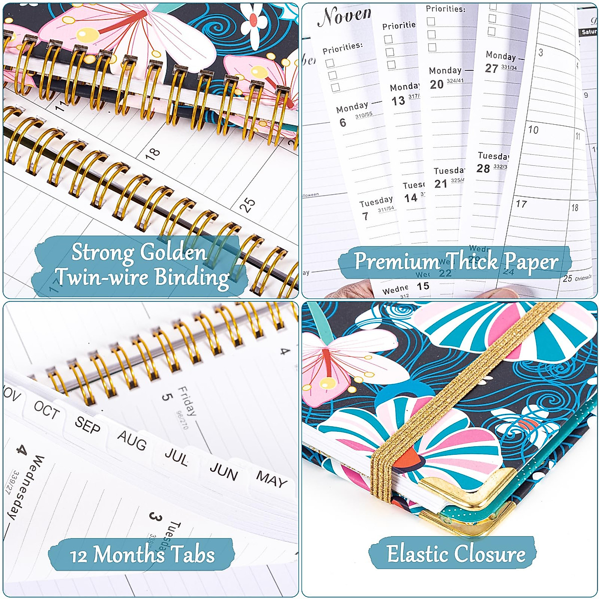 2024 Daily Planner with Stickers - 8.66"×6.2" January 2024 - December 2024 Happy Planners with Tabs, Twin Wire Spiral Binding Thick Paper Weekly and Monthly Academic Agenda Daily Notebook Pattern L