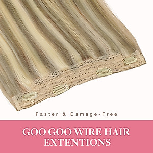 GOO GOO Wire Hair Extensions Human Hair, 16/22 Light Blondewith mix Golden Blonde Highlighted 14inch 75g, Invisible Wire Hair Extensions with Transparent, Seamless Fish Line Hairpiece