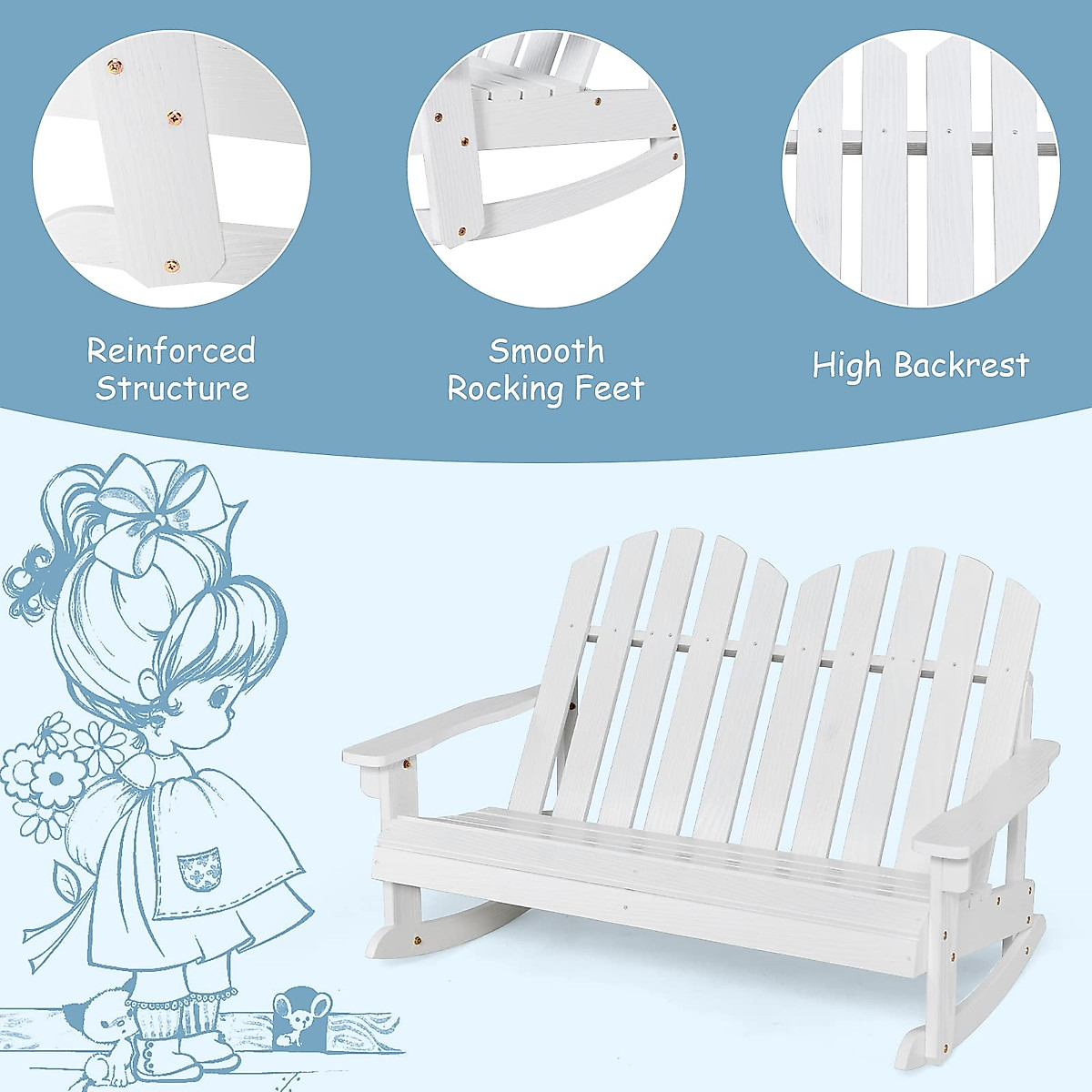 Giantex 2-Person Adirondack Rocking Chair - Kids Outdoor Rocking Bench with Slatted Seat, High Backrest, 220LBS Weight Capacity, Patio Rocker for Balcony, Yard, Poolside (1, White)