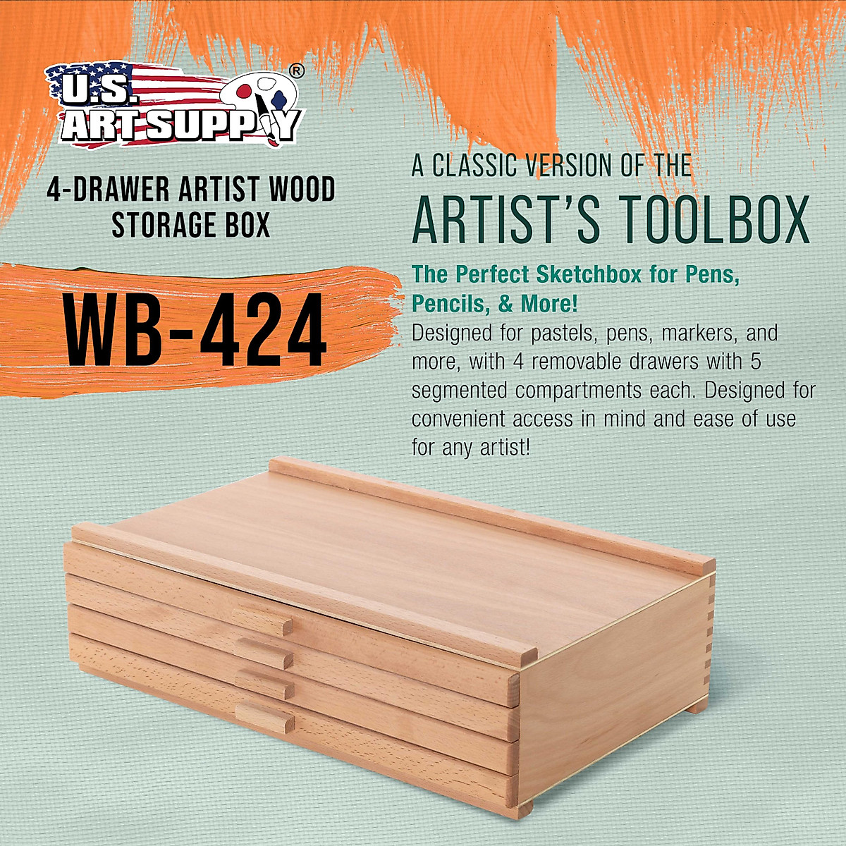 U.S. Art Supply 4 Drawer Wood Artist Supply Storage Box - Pastels, Pencils, Pens, Markers, Brushes