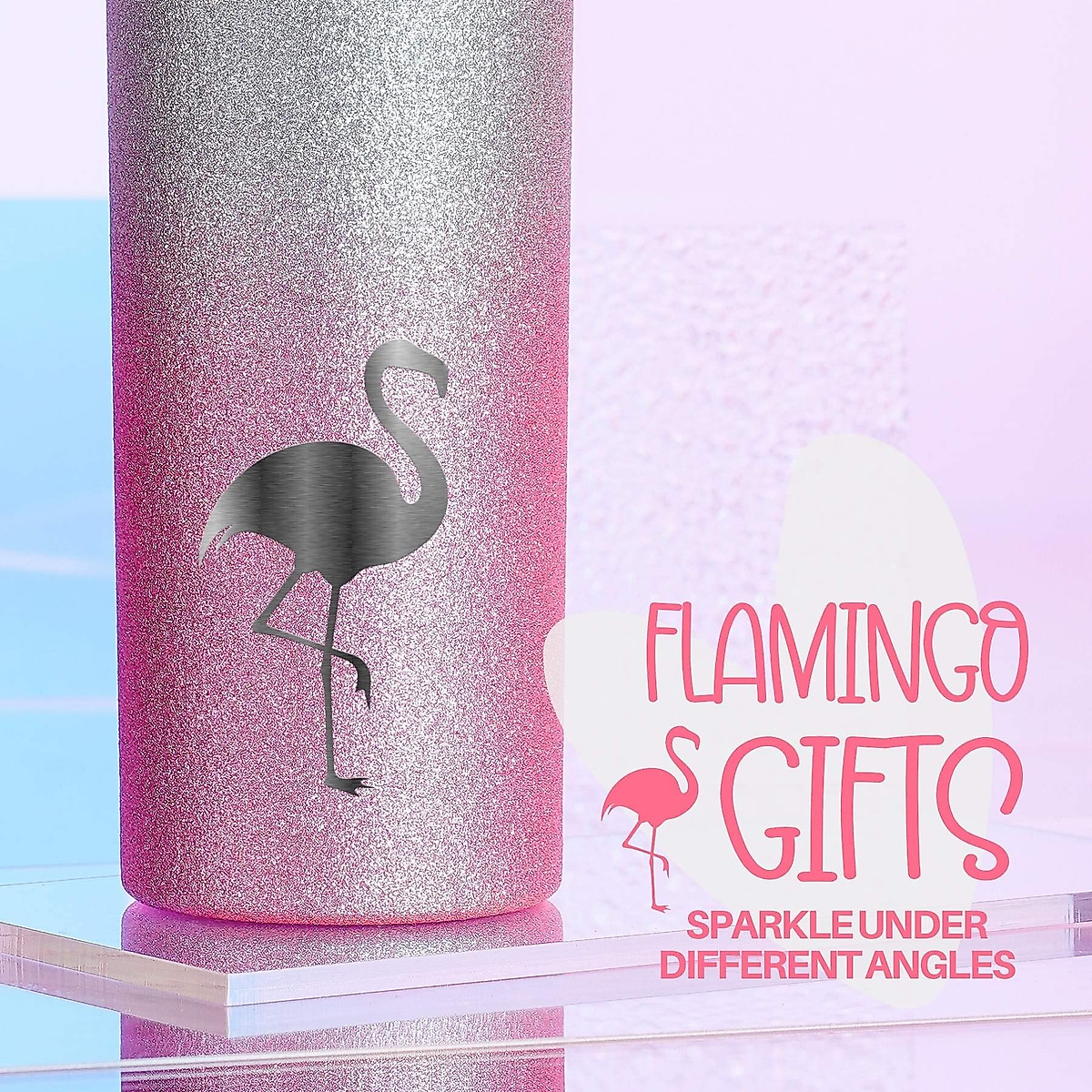 Onebttl Flamingo Skinny Glitter Tumbler Gifts For Women, Female, Her and Flamingo lovers - 20oz/590ml Stainless Steel Insulated Tumbler with Straw, Lid, Message Card - (Pink Sliver Gradient)