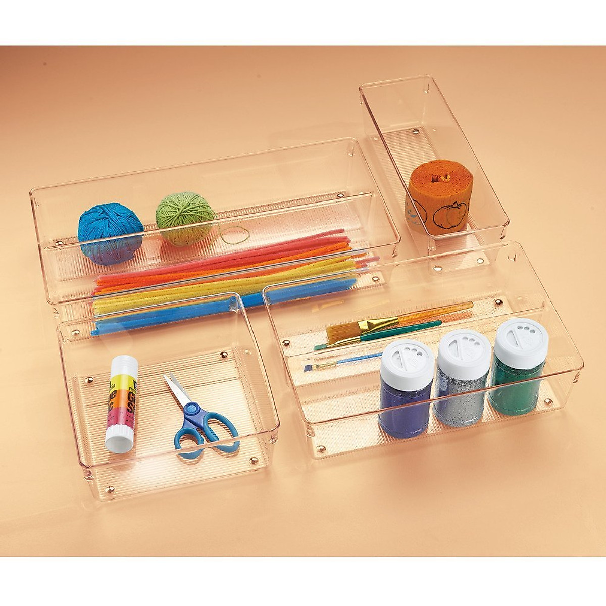 InterDesign Linus Kitchen Drawer Organizer for Silverware, Spatulas, Gadgets - 8" x 8" x 3", Clear