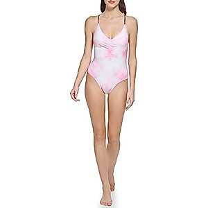 Calvin Klein Women's Standard Tie Back Logo Straps One Piece Swimsuit, PINK MULTI