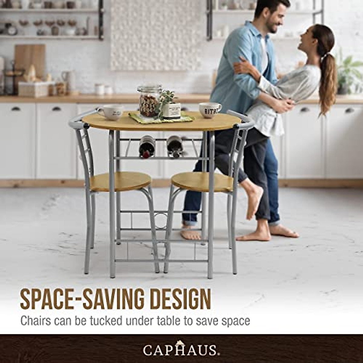 CAPHAUS 3 Pieces Dining Set for 2, Small Kitchen, Dining Room Table Set w/Steel Frame, 3 Pieces Patio Set w/Wine Rack, Small Dining Table Set for 2, Outdoor Dining Round Table Set, Black Oak