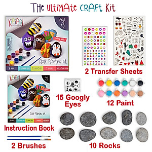 Kipipol Rock Painting Kit for Kids - DIY Arts and Crafts kit for Girls, Boys Ages 3, 4, 5, 6-12 - Kid Rock Art w/10 Rocks for Painting, 12 Acrylic Paints, 2 Brushes, 15 Googly Eyes, 2 Transfer Sheets