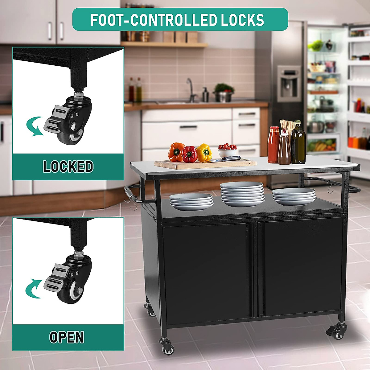 Karpevta Outdoor Grilling Table with Storage, Metal Outdoor Grill Cart with Storage and Wheels,Stainless Steel Countertop Kitchen Island Cart and Storage Cabinet for BBQ,Patio,Backyard