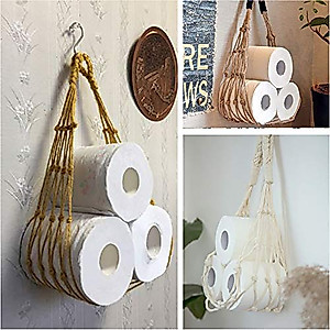 Toilet Paper Storage Holder Wall Hanging Storage Mesh Bag Boho Handmade Cotton Net Bag Paper Roll Holder for Home Bedroom Bathroom Living Room