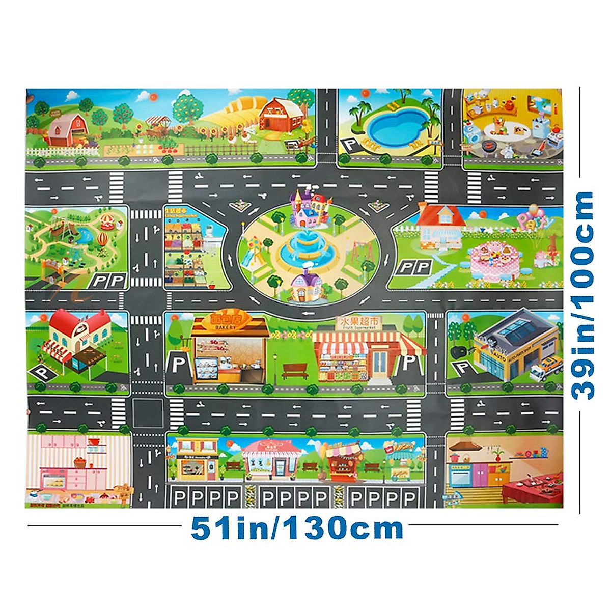 Plastic Toy Rug, Self Cleaning Oil Free Cloth,Washable for Floor Or Table,Kids Carpet PVC City Life,Educational Road Traffic Play Mat Learning Carpets for Kids