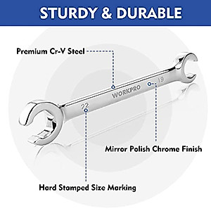 WORKPRO Flare Nut Wrench Set, Metric, 4-piece, 10, 12, 13, 14, 15, 17, 19, 22mm, Cr-V Steel, 15° Offset End Brake Line Wrenches Set, Organizer Pouch Included